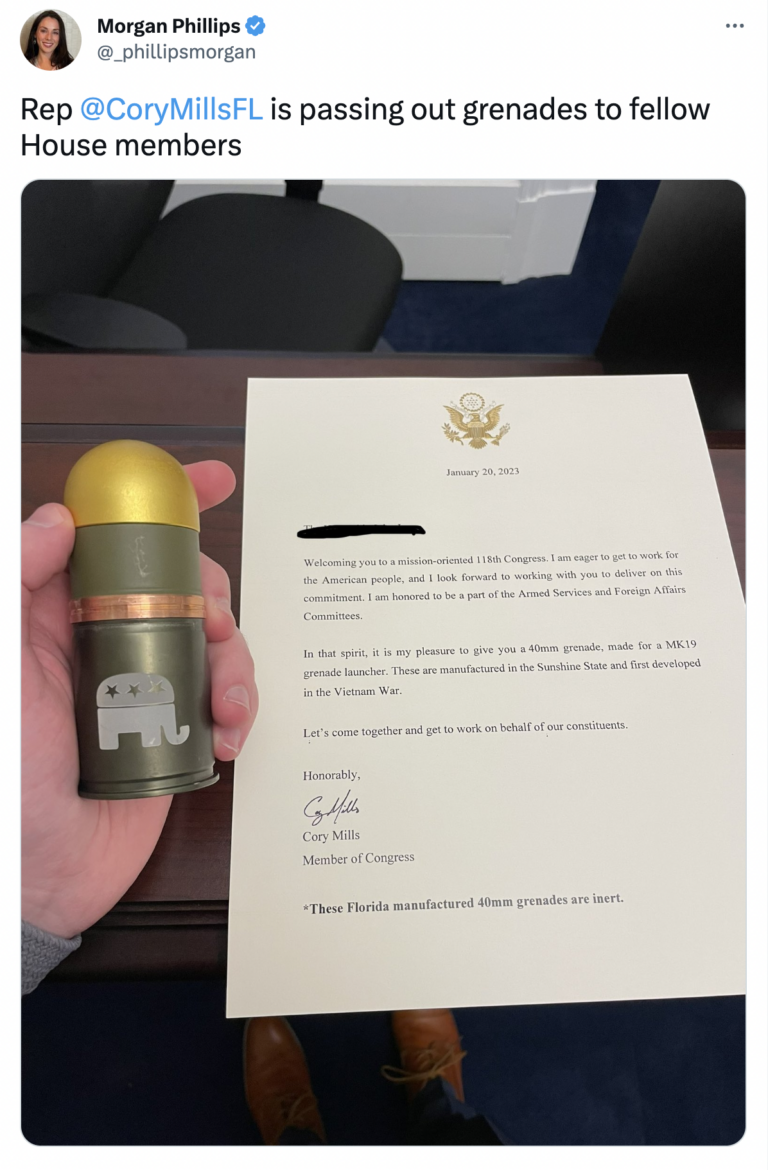 House Republican Cory Mills Passes out Grenades to House Members · The ...